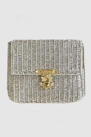Buy Silver Hand Embroidery Amora Metallic Woven Pattern Clutch by ...