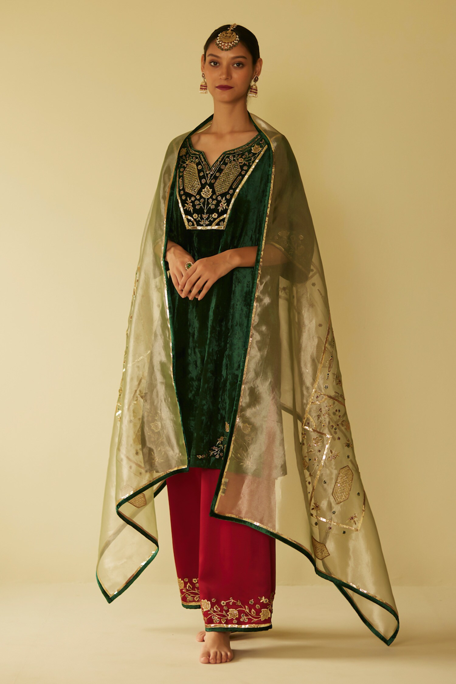 Buy Green Tissue Silk Hand Embroidered Floral Meera Dupatta For Women ...