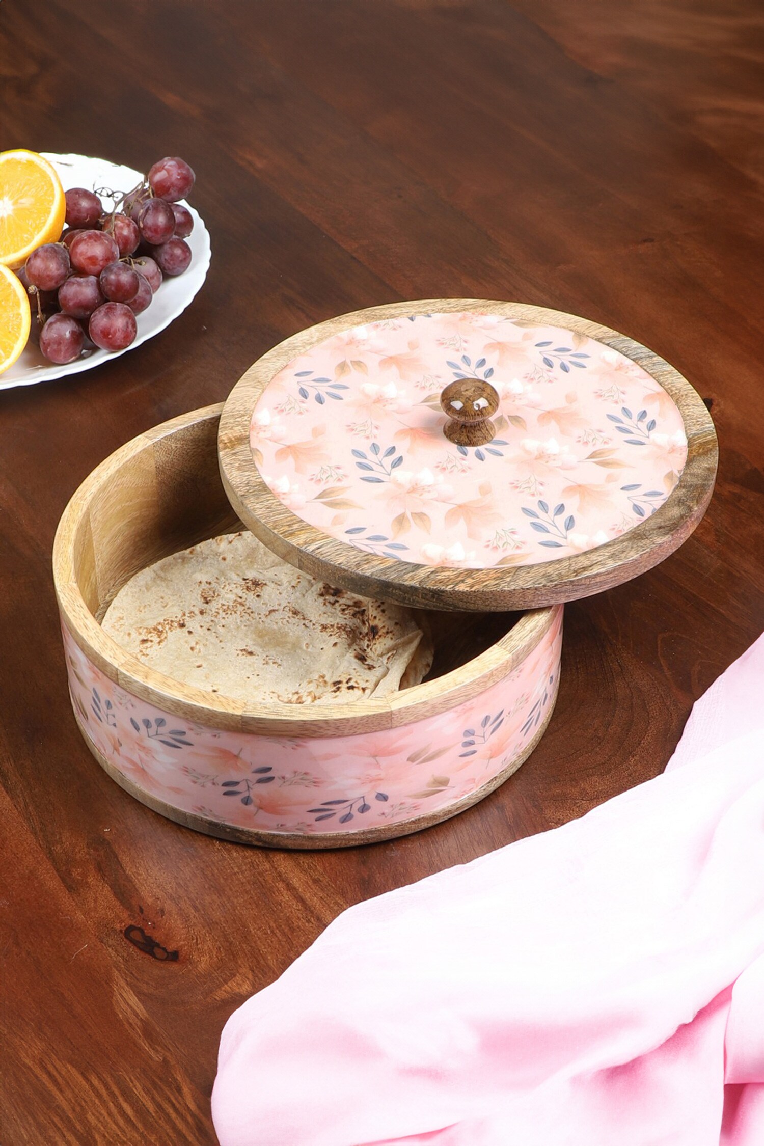 Buy Multi Color Solid Wood Floral Pattern Roti Box by Brick Brown ...