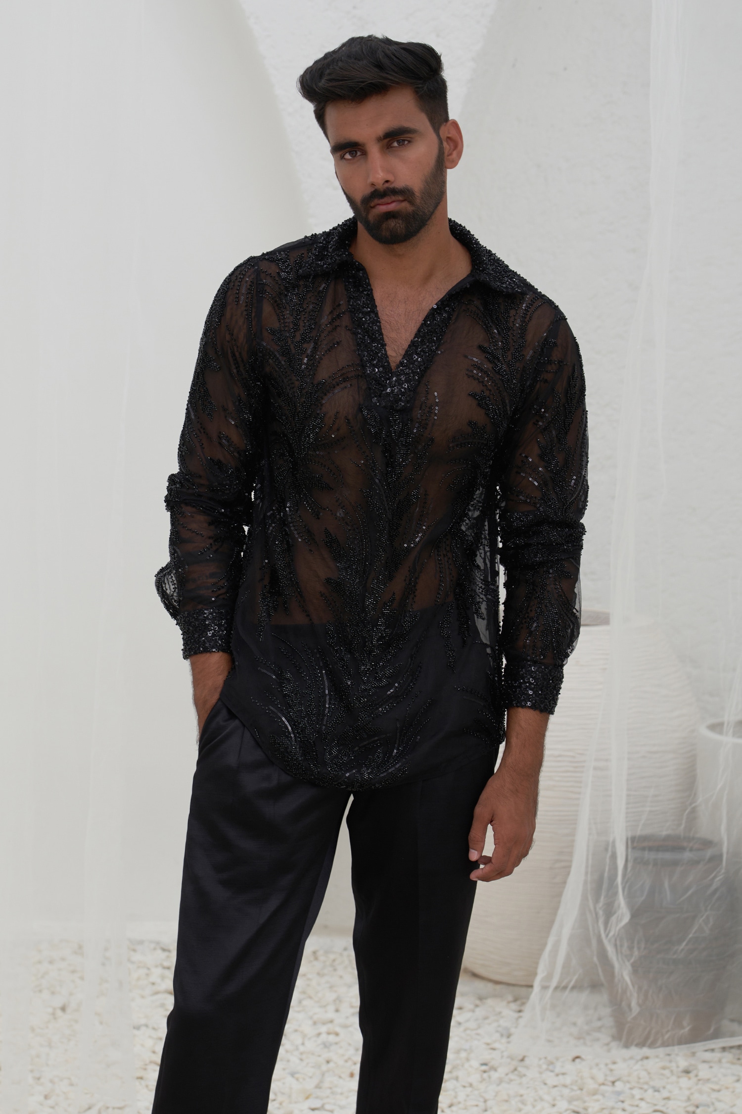 Buy Black Net Embroidery Sequin Abraham Cordelia Shirt For Men by ...