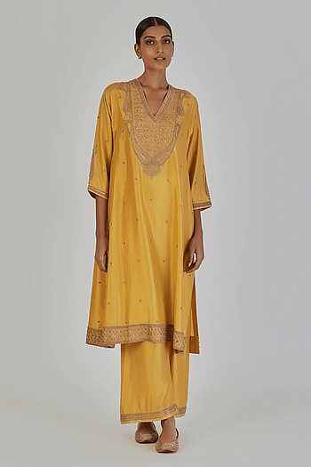 Buy Yellow Silk Embroidery Marodi V Barkha Ivy Fleur Kurta With Palazzo ...