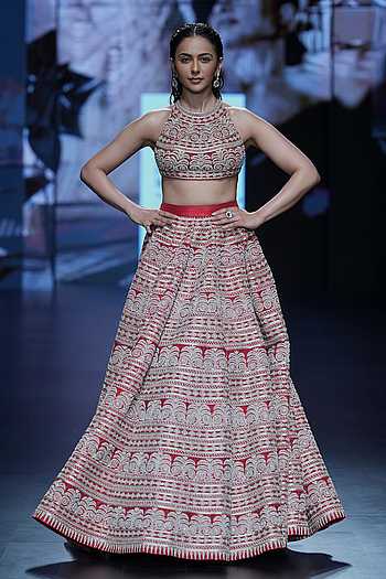 Buy Red Silk Embroidered Geometric Halter Neck French Knot Lehenga Set ...