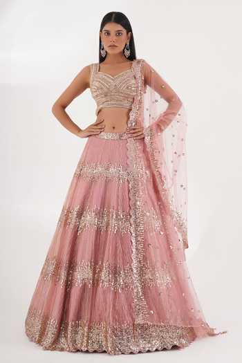Buy Pink Sequins Fabric Embroidered Nalki Stripe Embellished Lehenga ...
