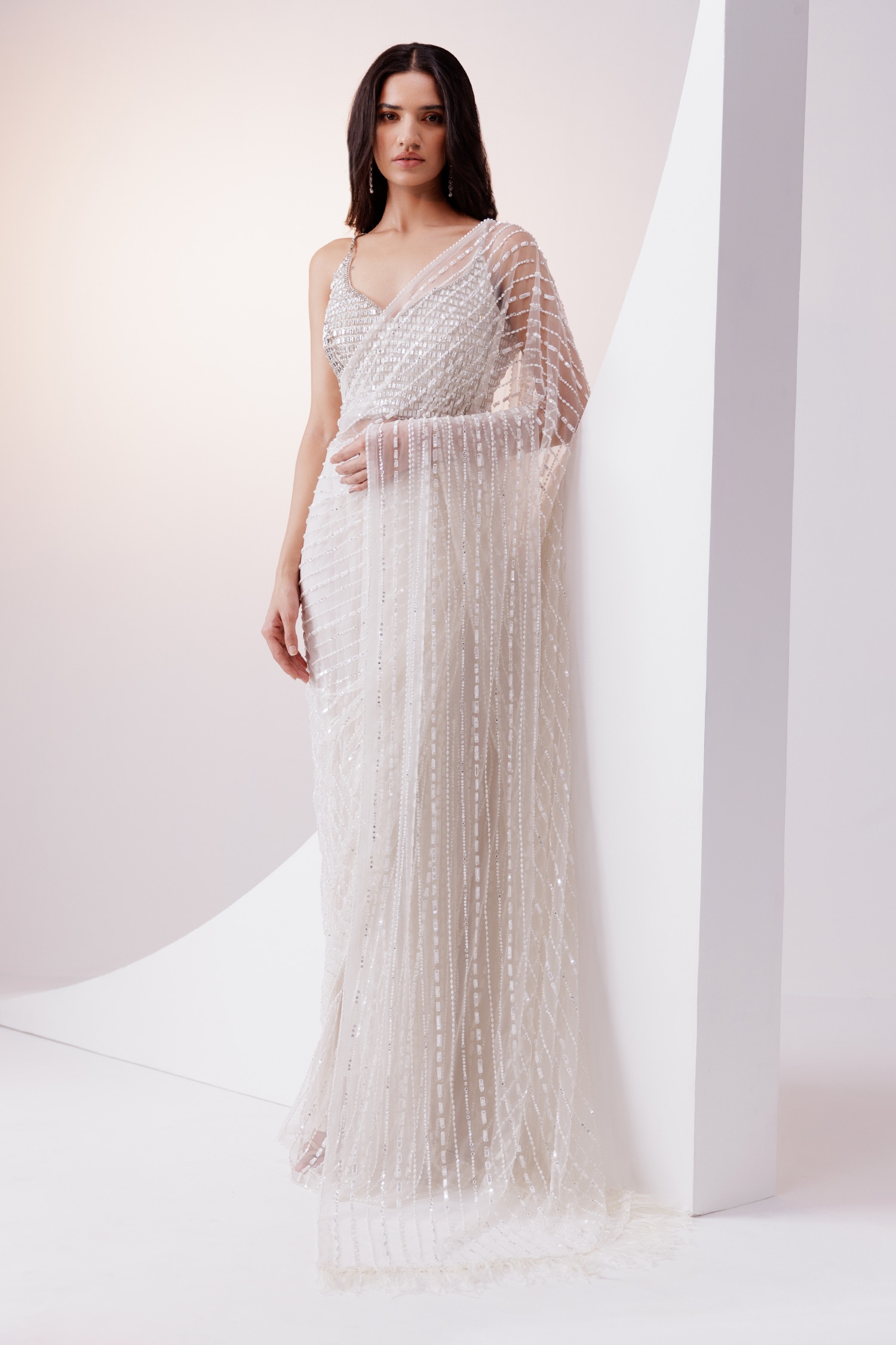 Buy Ivory Net Embellished Stones Tear Drop V Sequins And Saree With ...