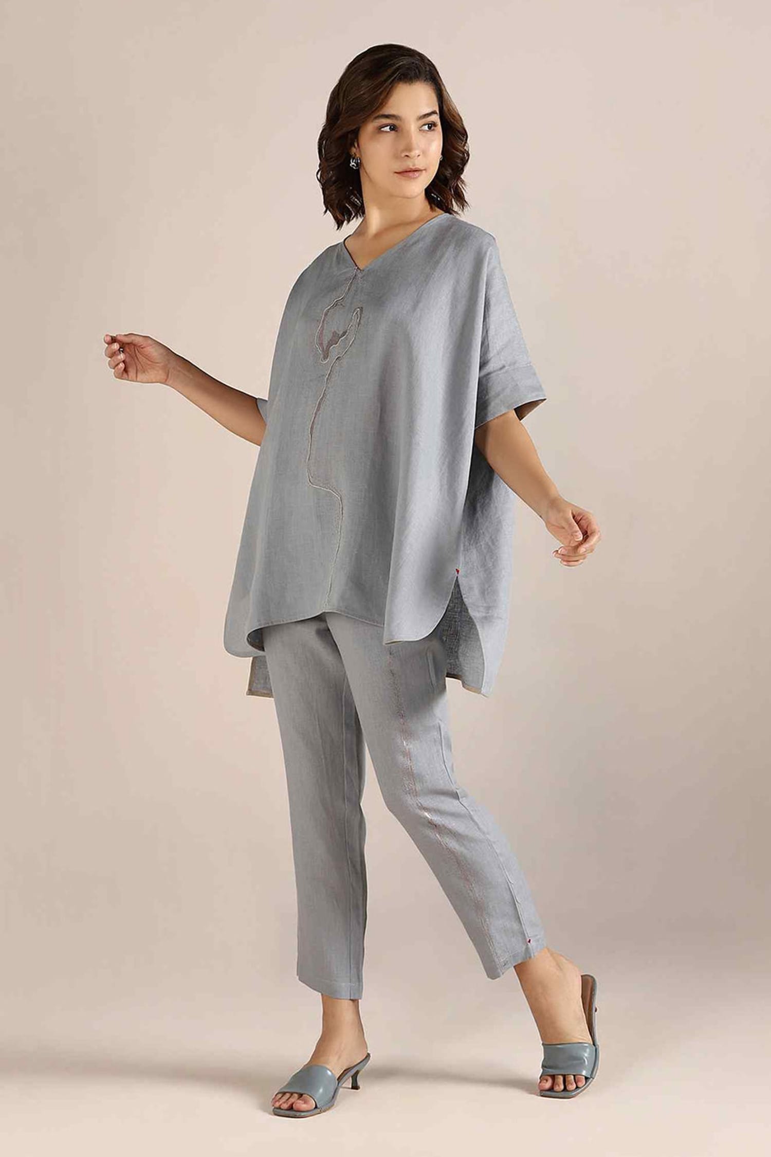 Buy Blue 100% Linen Embroidered And Printed Thread Body Top & Pant Set ...