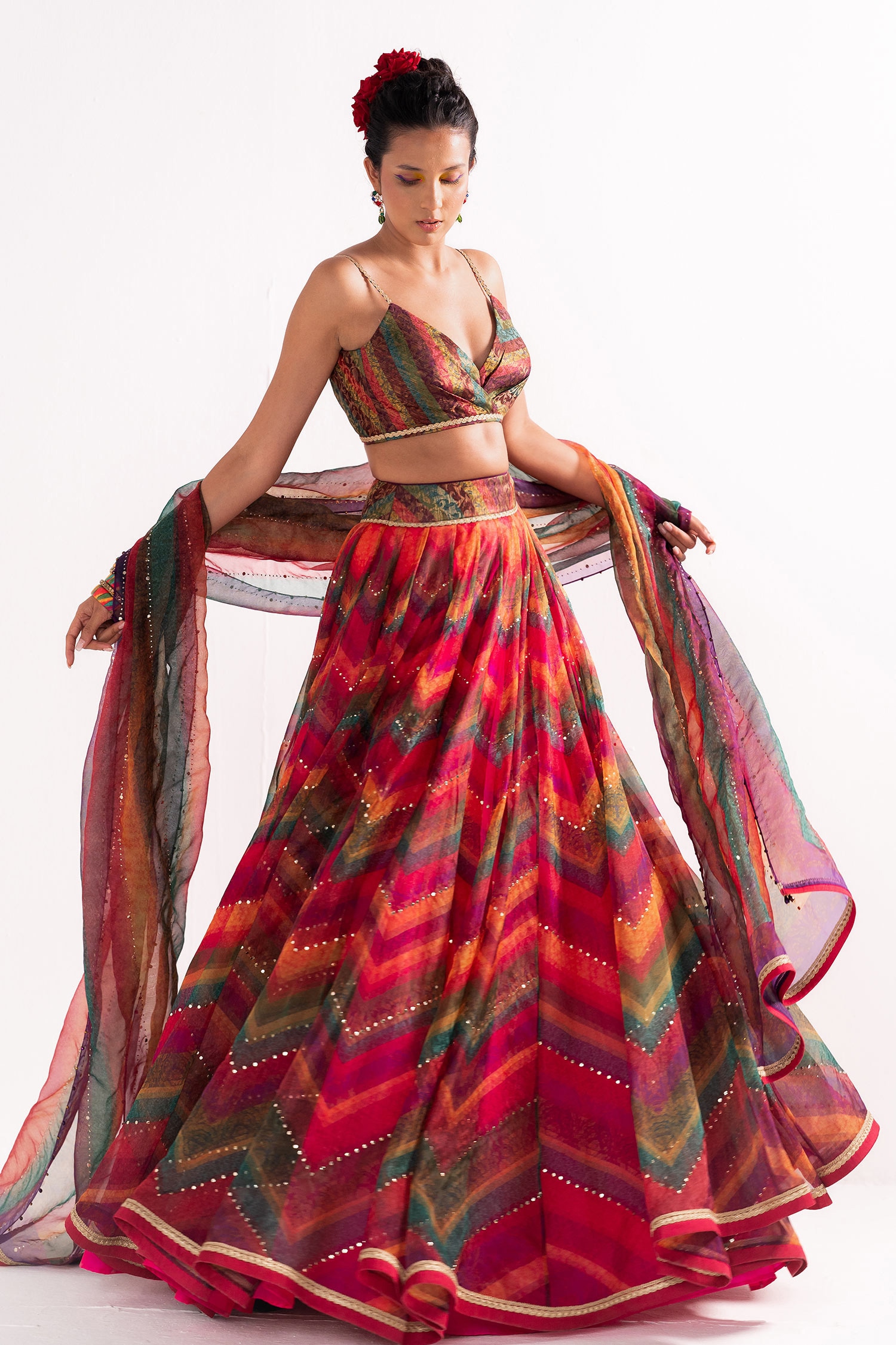Buy Multi Color Organza Print And Embroidery Chevron Bohemian Lehenga
