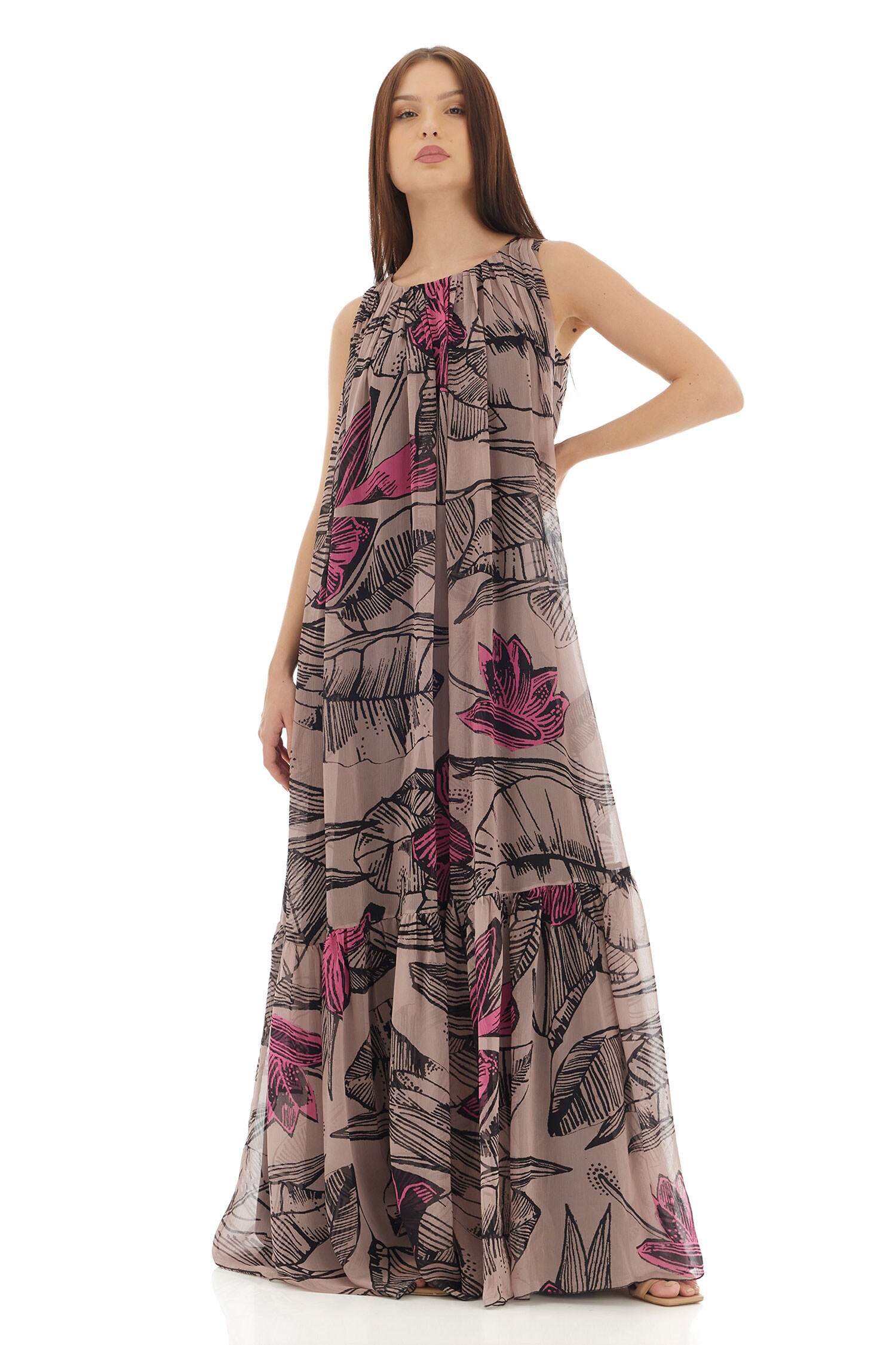 Buy Grey Chiffon Printed Botanical Round Maxi Dress For Women by KoAi ...
