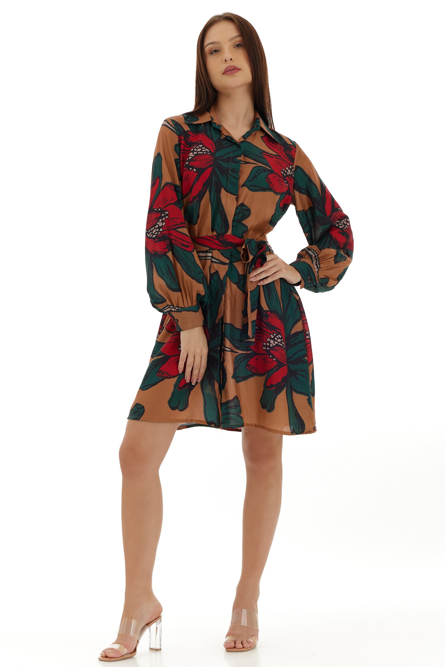 Buy Beige Heavy Cotton Silk Floral Shirt Collar Flower Pattern Dress ...