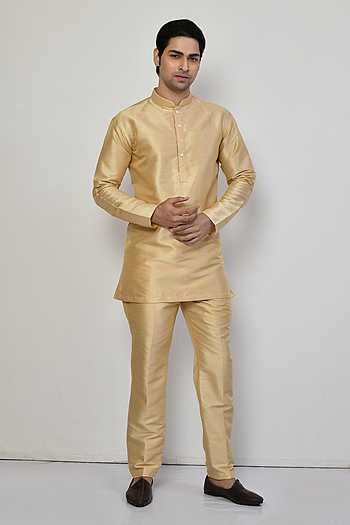 Buy Gold Silk Plain Metallic Short Kurta Set For Men by Arihant Rai ...