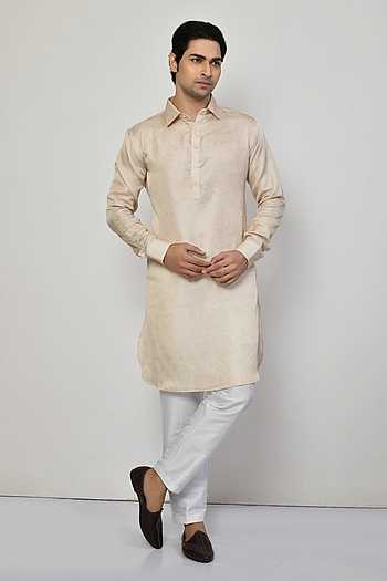 Buy Beige Satin Print Bloom Garden Pathani Kurta With Pant For Men by ...