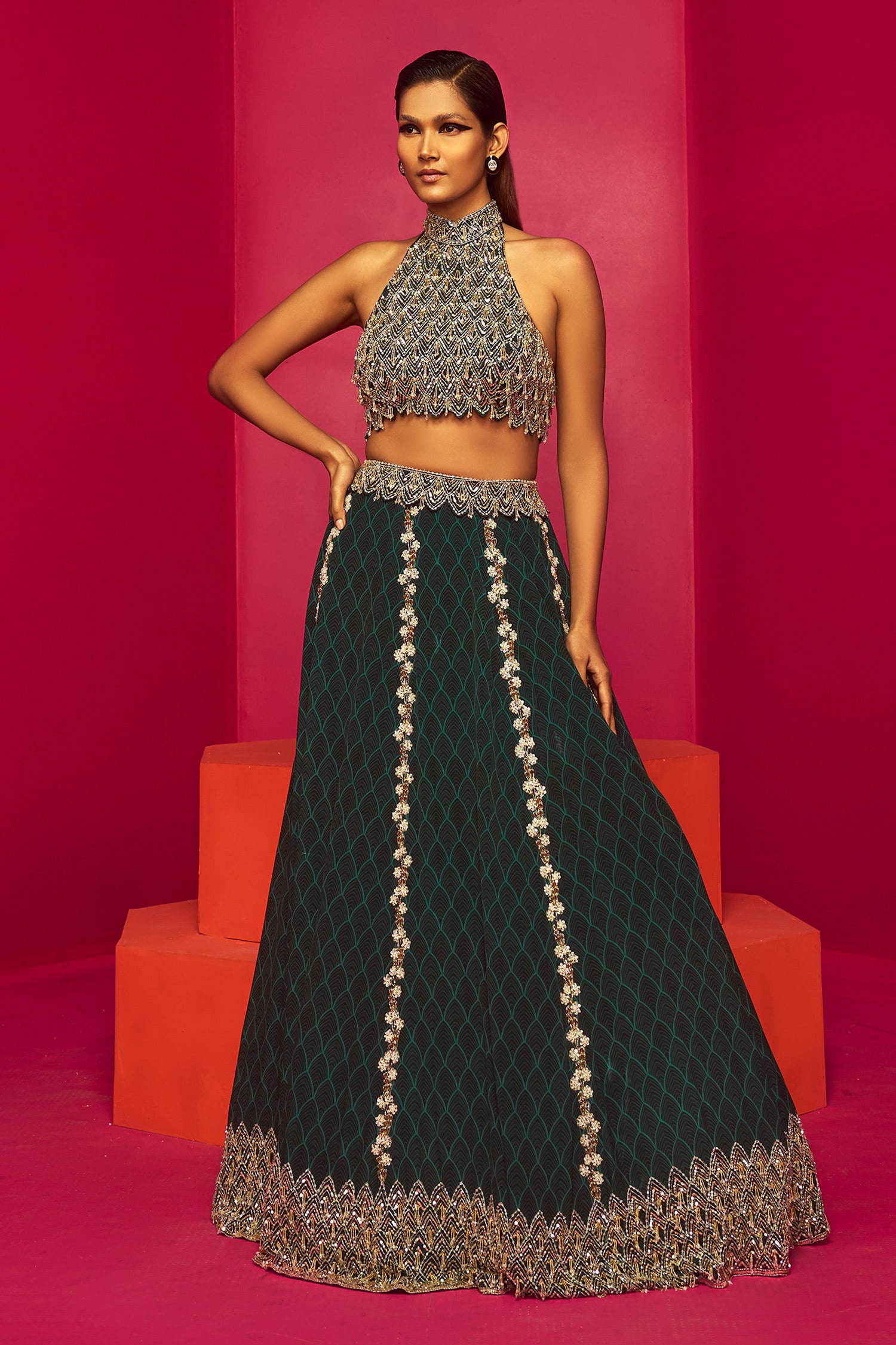 Buy Green Crepe Printed Scallop Halter Neck Lehenga And Blouse Set For ...