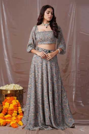 Buy Blue Crepe Silk Printed And Hand Embellished Vintage Skirt & Blouse ...