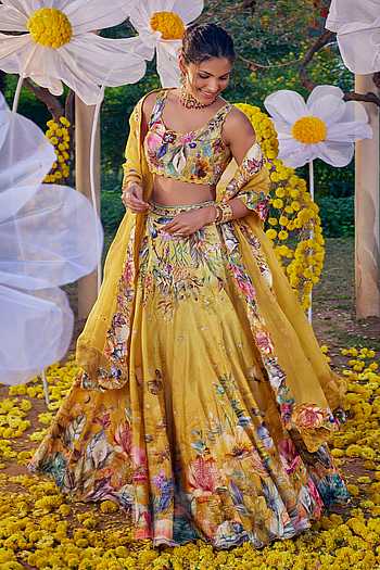 Buy Yellow Raw Silk Printed And Hand Embroidered Garden U Shirin ...