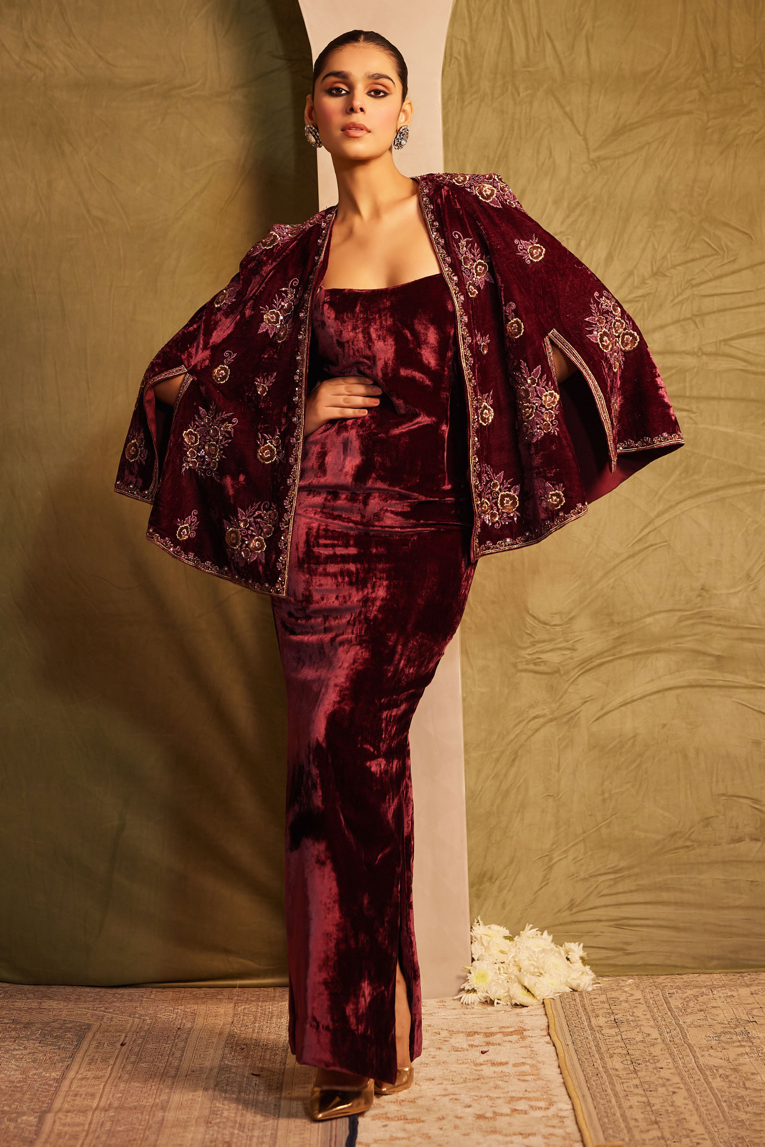 Buy Wine Silk Velvet Embellished Resham Dress: Solid With Jacket For ...