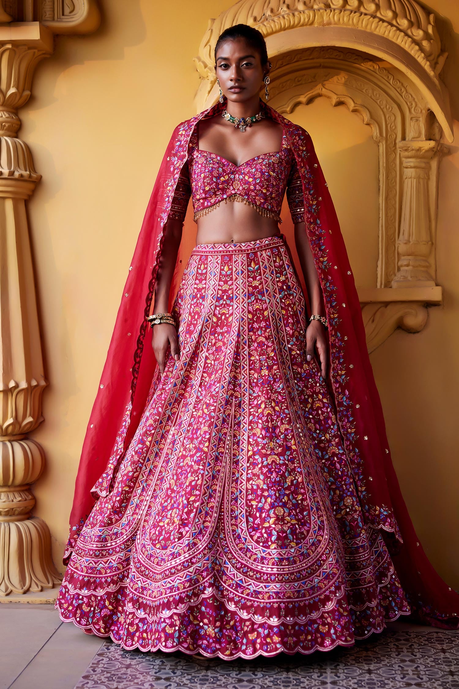 Buy Red Organza Embroidered Sequin Sweetheart Alicia Lehenga Set For ...