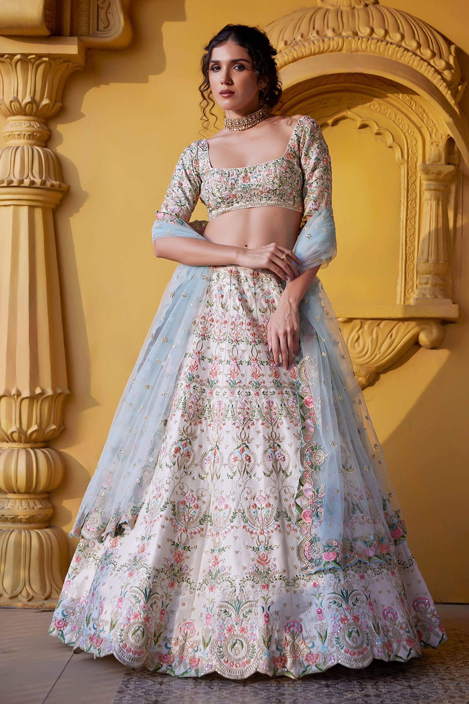 Buy Ivory Dupion Embroidered Resham Square Ismat Floral Lehenga Set For ...