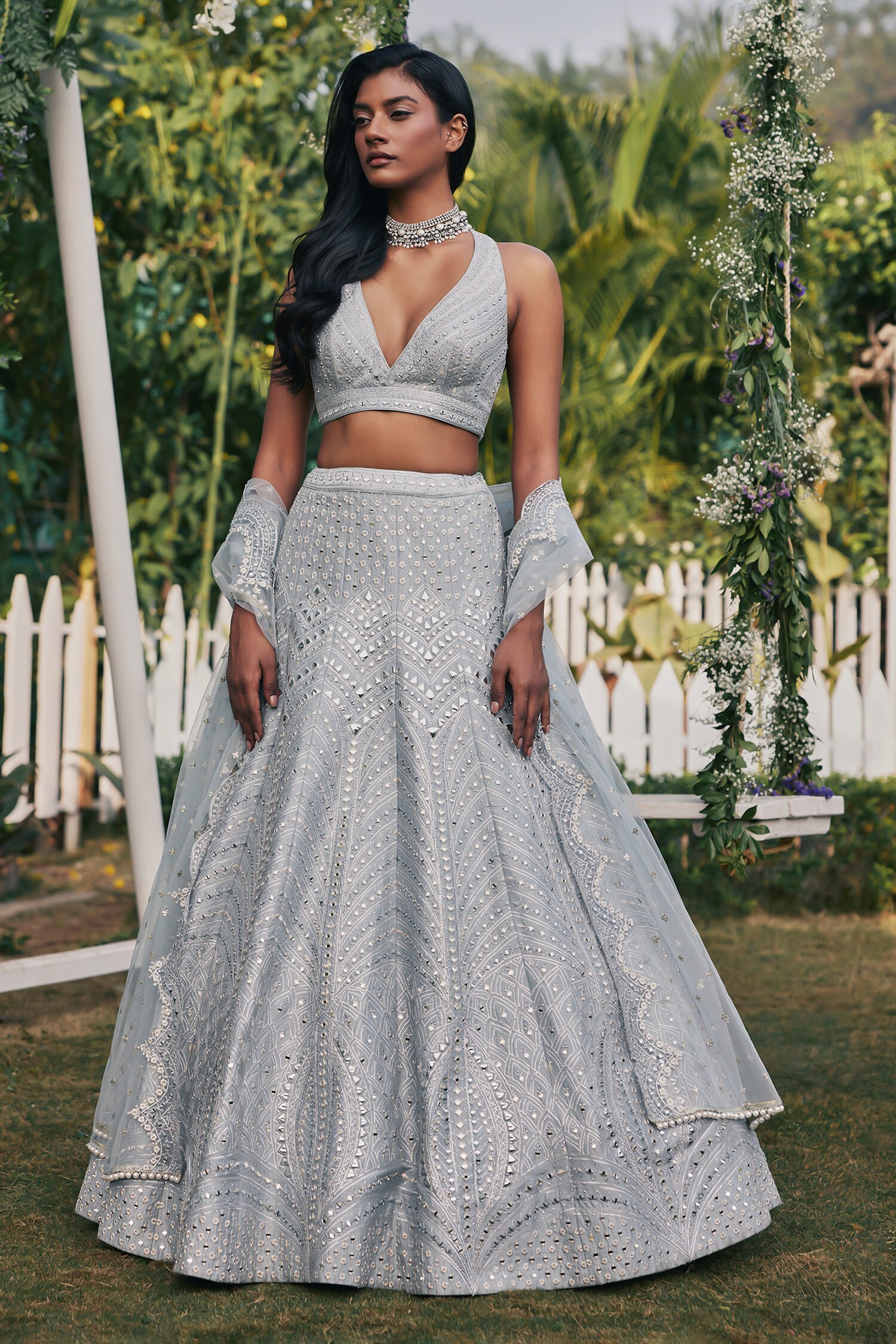 Buy Grey Silk Embroidered Janice And Leather Applique Work Lehenga Set ...