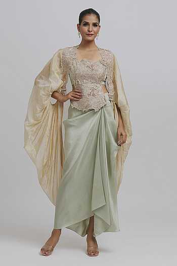 Buy Blue Silk Embroidered Asymmetric Cape And Draped Skirt Set For ...