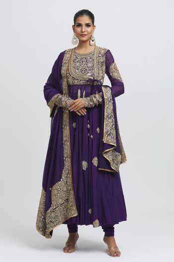 Buy Purple Silk Embroidered Floral Round Angarkha Set For Women by ...