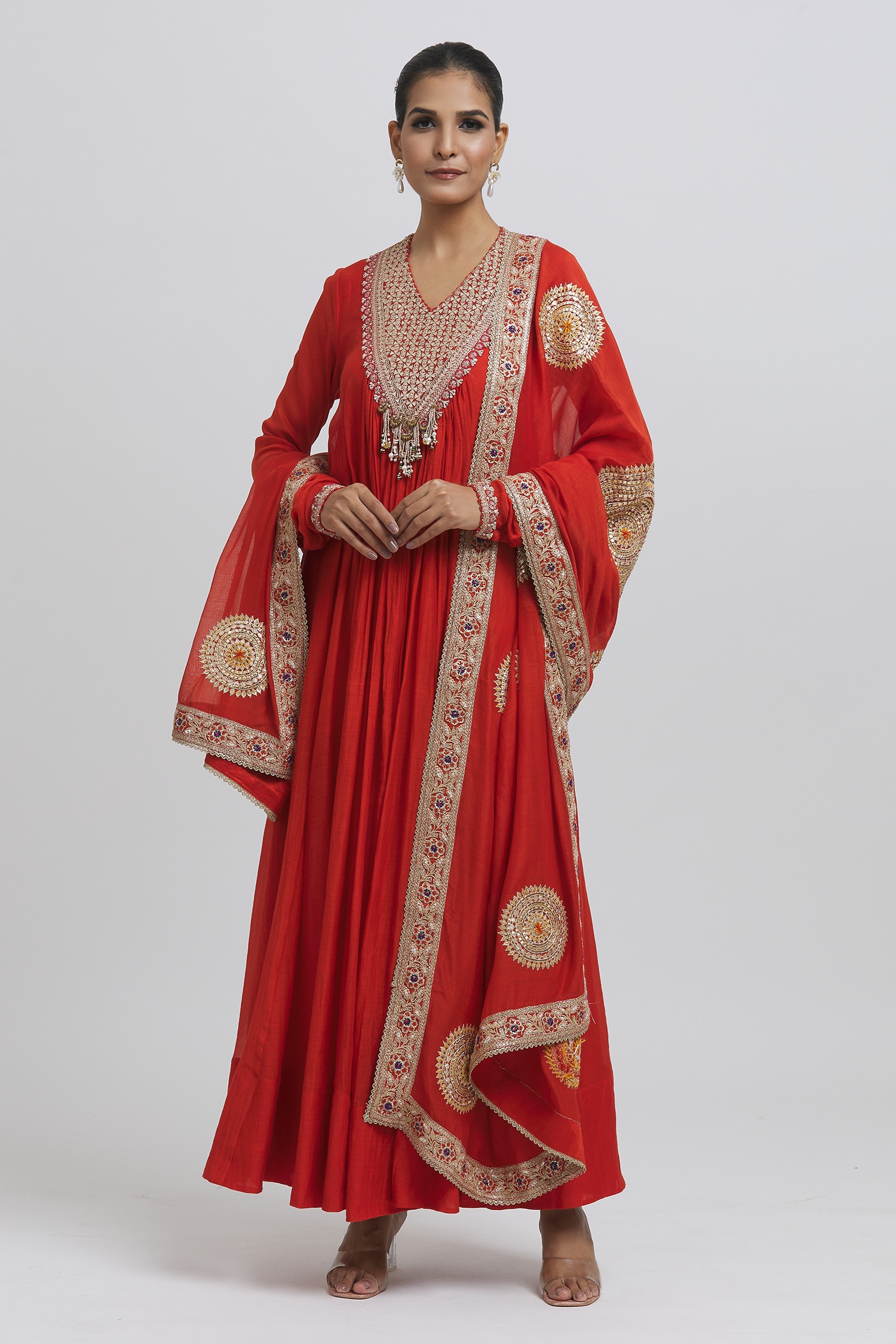 Buy Red Silk Embroidered Zari V Neck Yoke Anarkali Set For Women By
