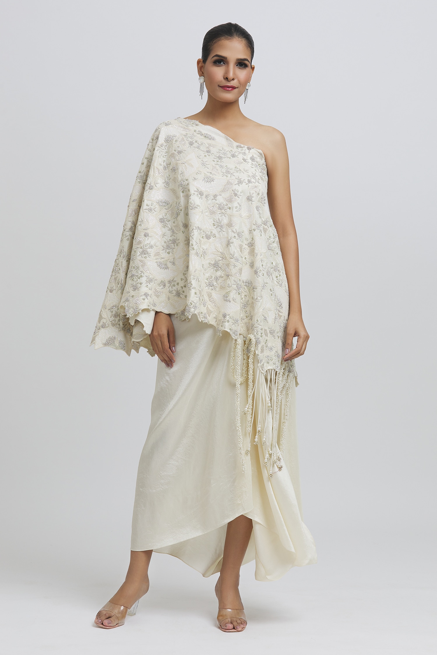 Buy White Silk Embroidered Zardozi Work One Shoulder Neck Cape And ...