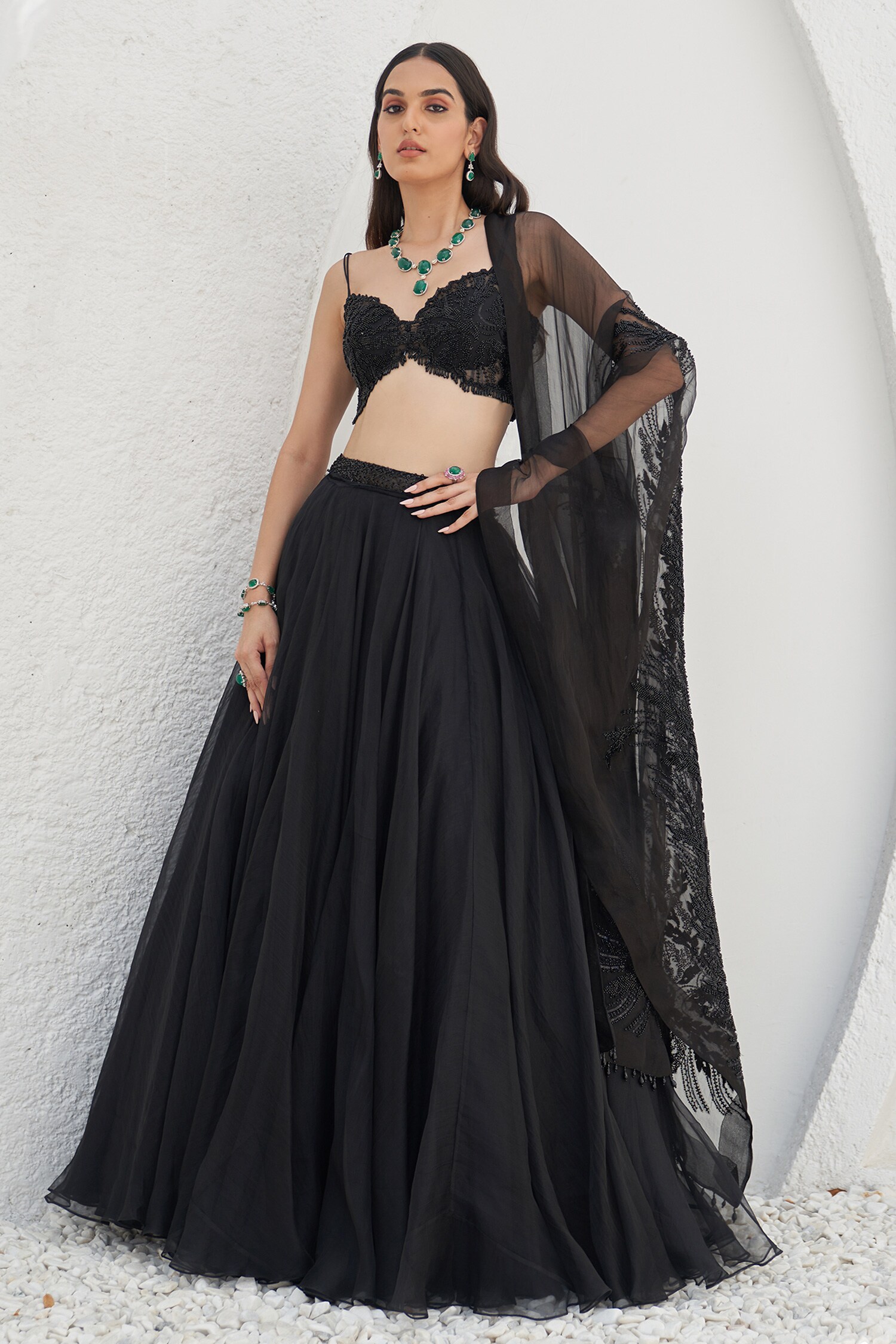 Buy Black Net Embellished Crystal Sweetheart Aafia Flared Lehenga Set ...