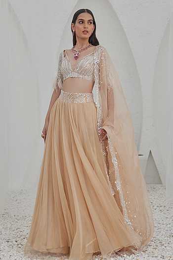 Buy Beige Net Embellished Dama Flowy Lehenga Set With Cut-out Blouse ...