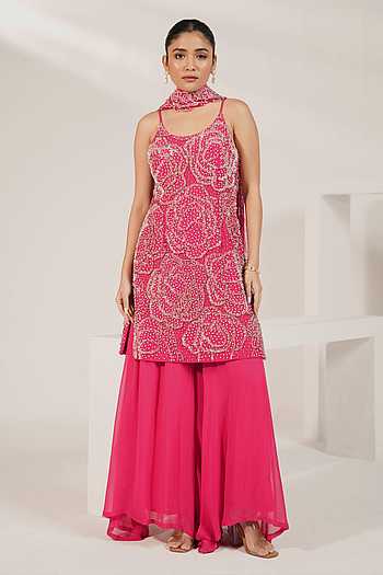 Buy Fuchsia Kurta Viscose Crepe Embroidered Daisy Rose Sharara Set For ...