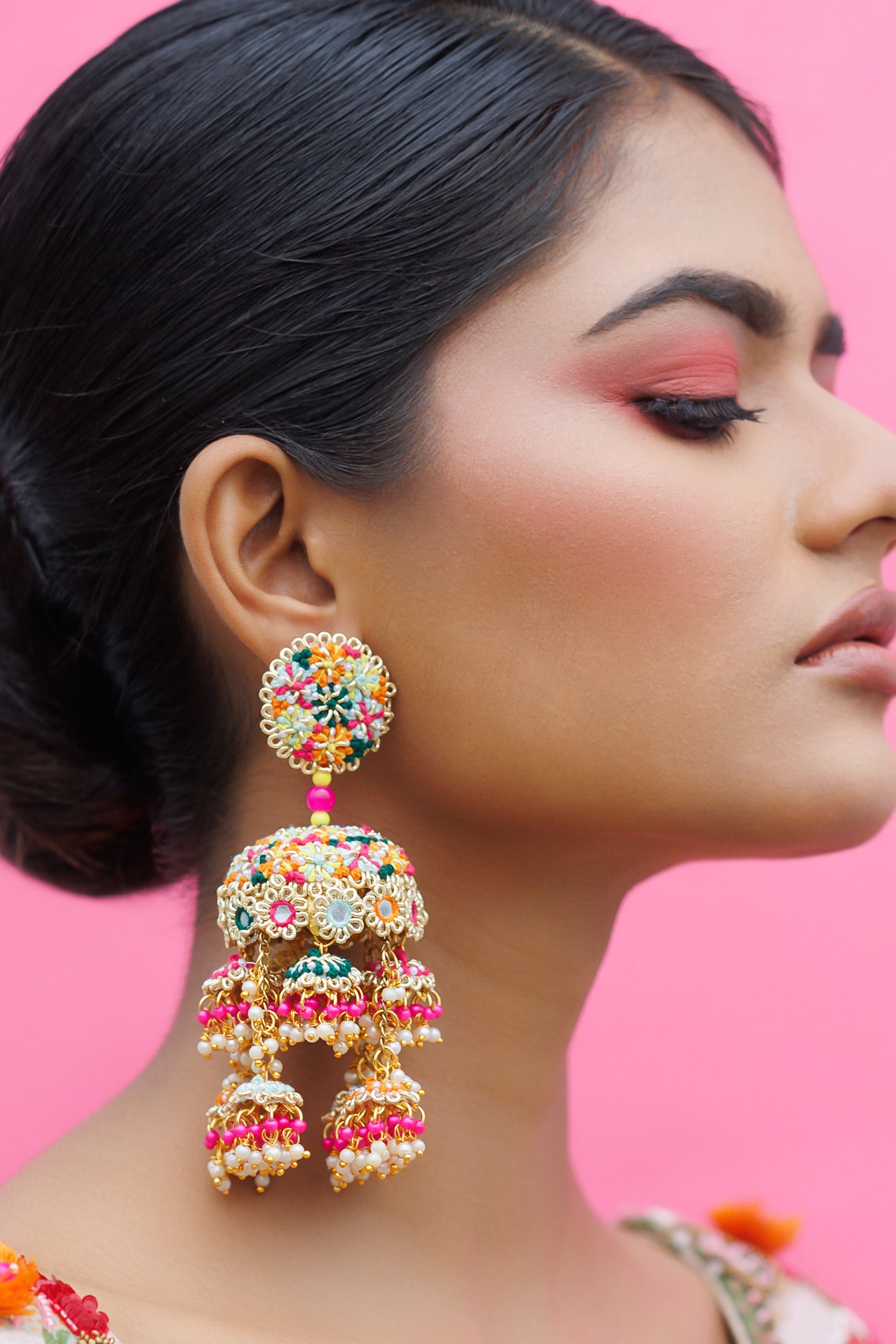 Buy Pink Thread Hand Embroidered Long Jhumkas by Kanyaadhan By ...