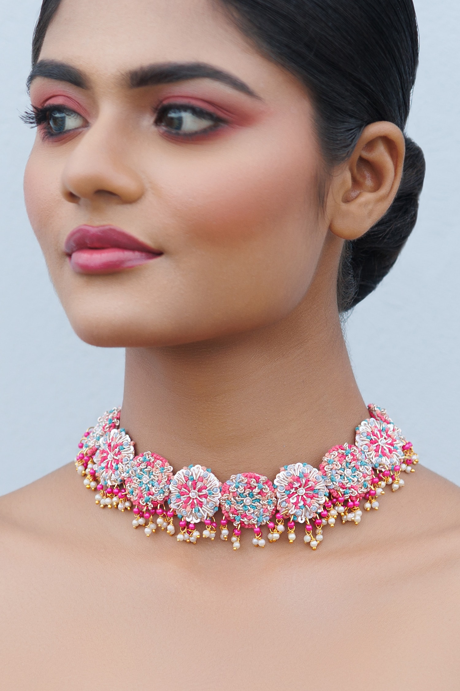Buy Multi Color Thread Dabka And Embroidered Choker Necklace by ...
