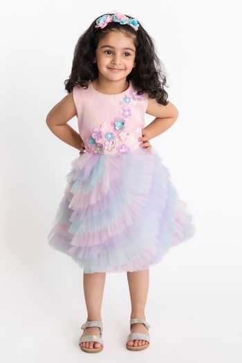Buy Purple Polyester Hand Embroidered 3d Whispering Work Ruffle Dress ...