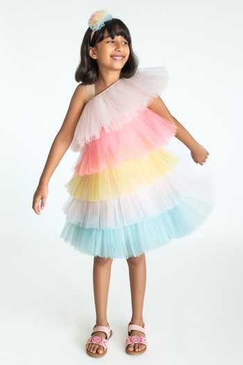 Buy Multi Color Tulle Plain Fresh Candy Layered Ruffle Dress For Girls ...