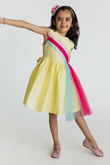 Buy Yellow Poly Taffeta Plain Rainbow Fun Panelled Dress For Girls by A ...