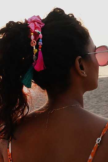 Buy Pink Dahlia Boho Tassel Scrunchie by Soho Boho Studio by Aarti ...