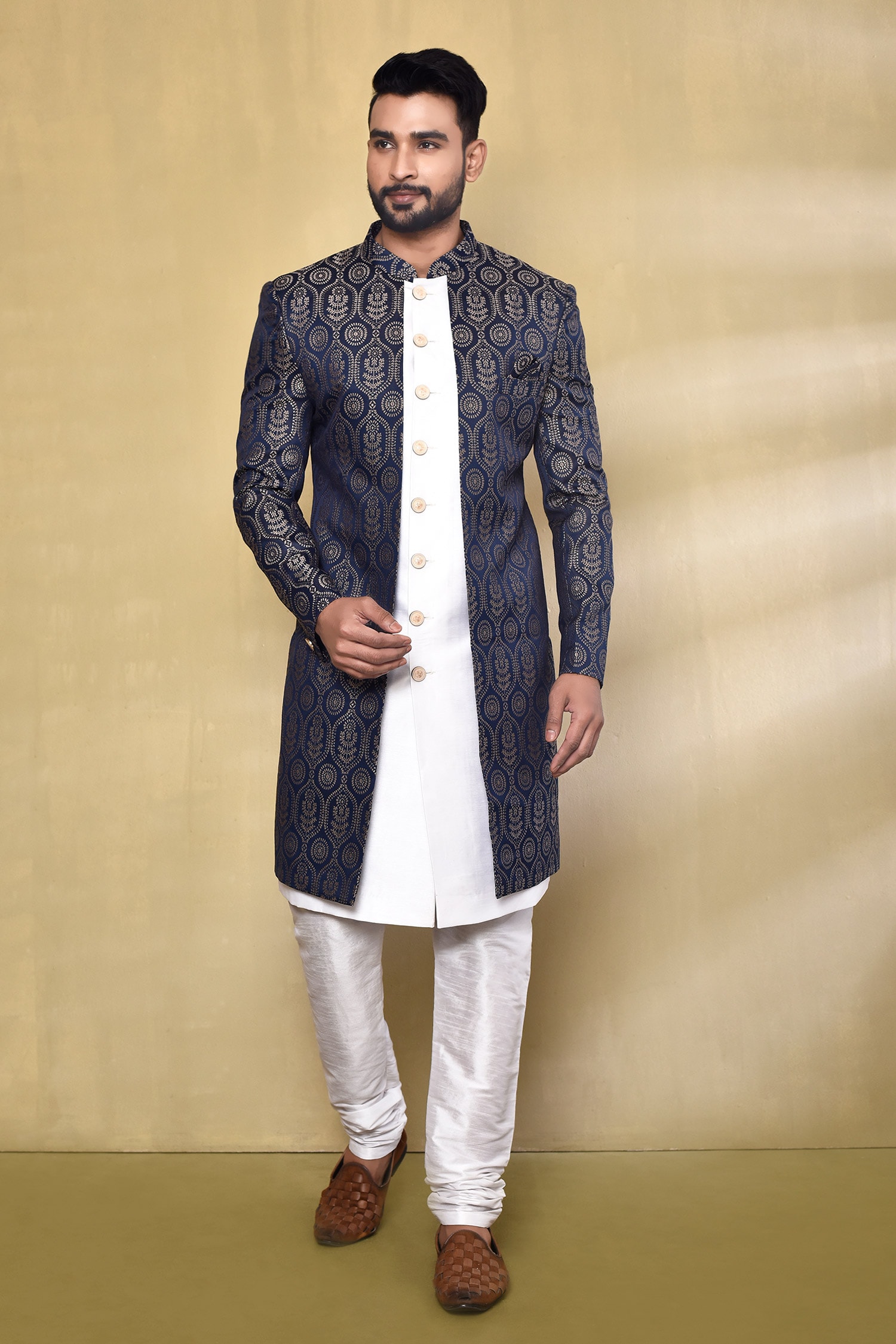 Buy Blue Kurta: Jacquard Silk Woven Mughal Pattern Asymmetric Nawabi ...
