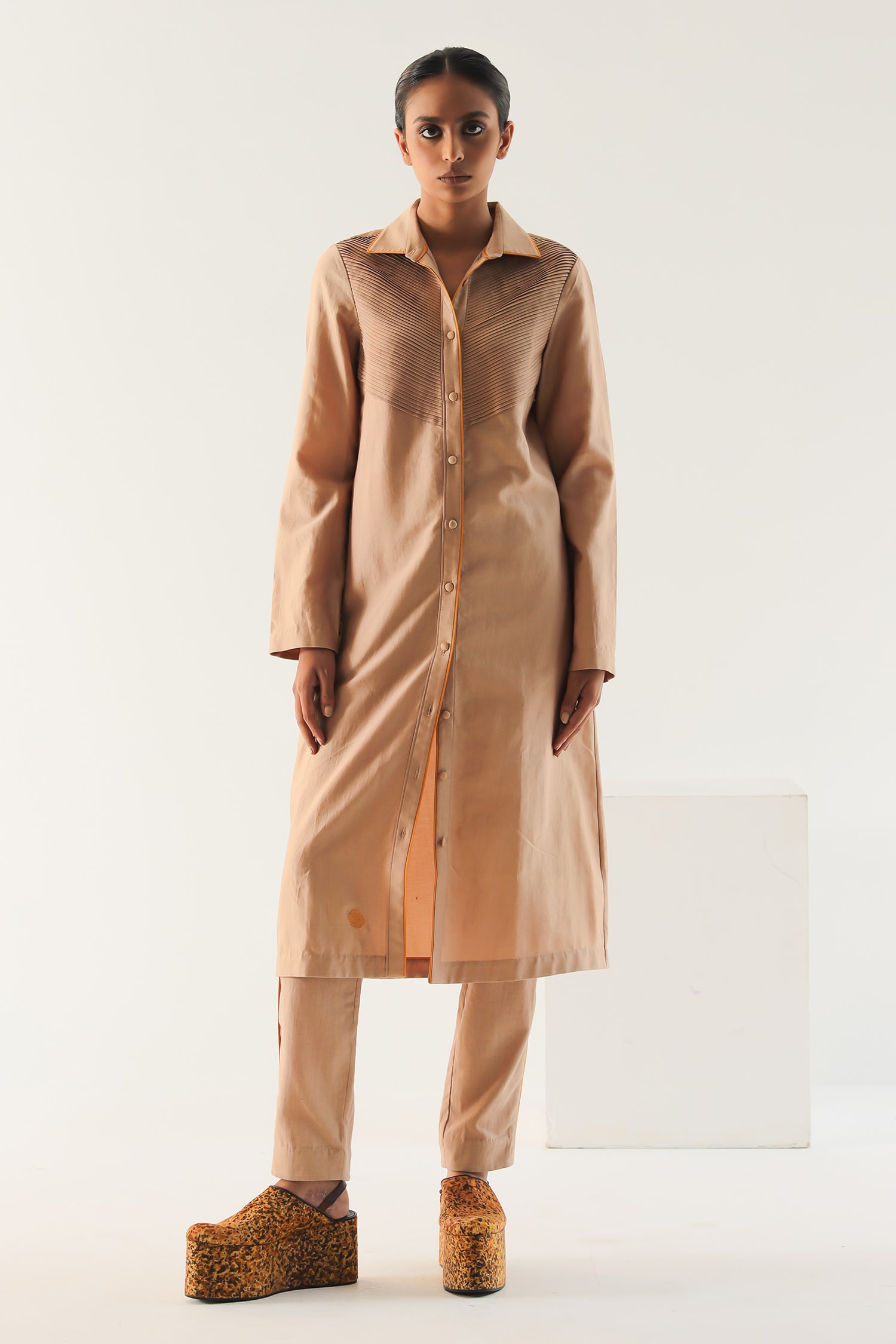 Buy Beige Tunic: Chanderi Tie-dyed Solid Shirt And Straight Trouser Set ...