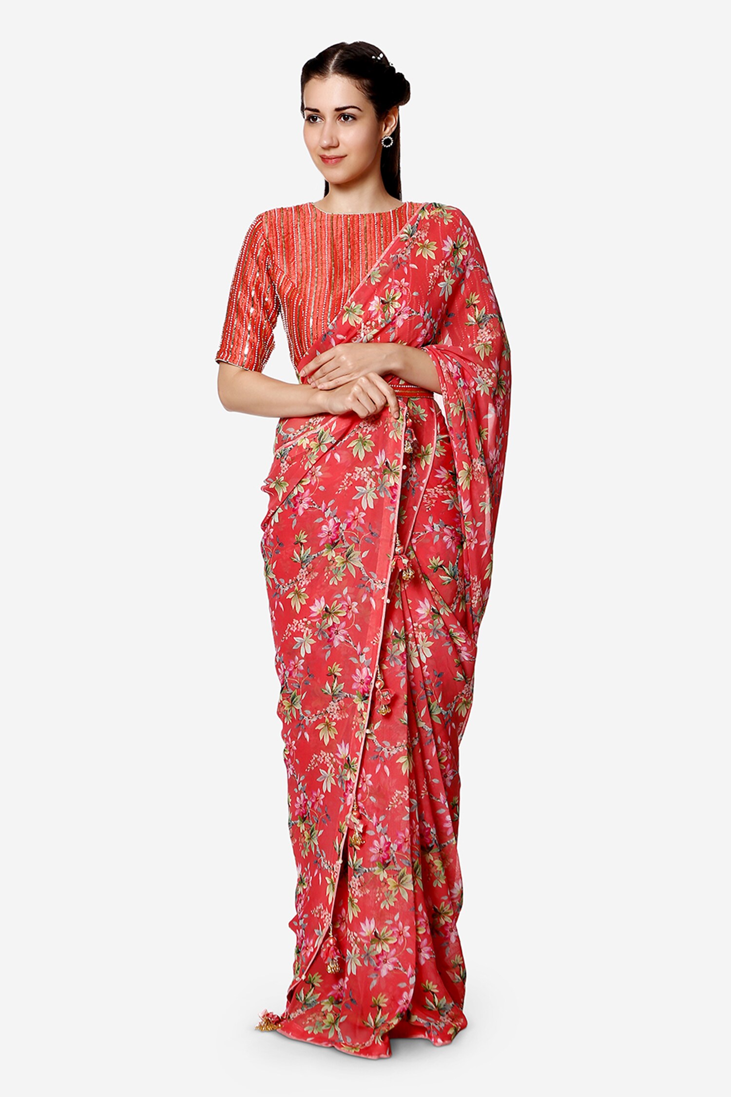 Buy Coral Blouse And Belt- Raw Silk Printed Maya Saree With Embroidered ...