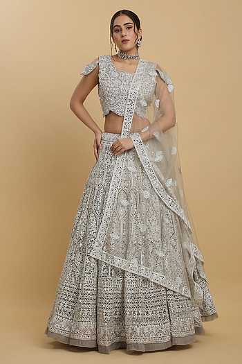 Buy Silver Net Embroidered Mirror Round Neck Chandra Kiran Lehenga Set ...