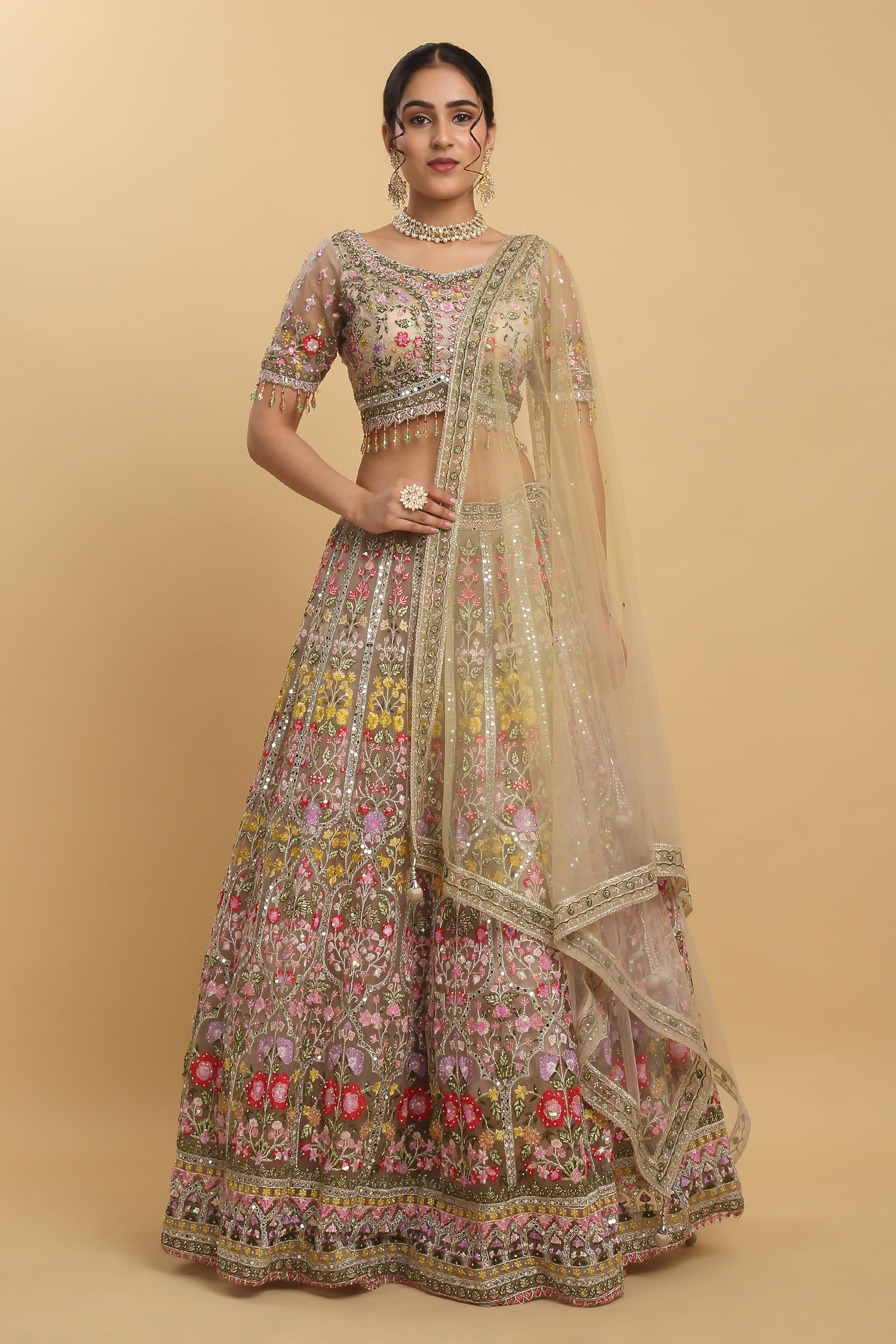 Buy Brown Net Embroidered Thread V Gulposh Mirror And Bridal Lehenga Set For Women by Aham-Vayam ...