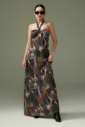 Buy Multi Color Chiffon Satin Print Ambrosia Halter Kerasi Maxi Dress ...