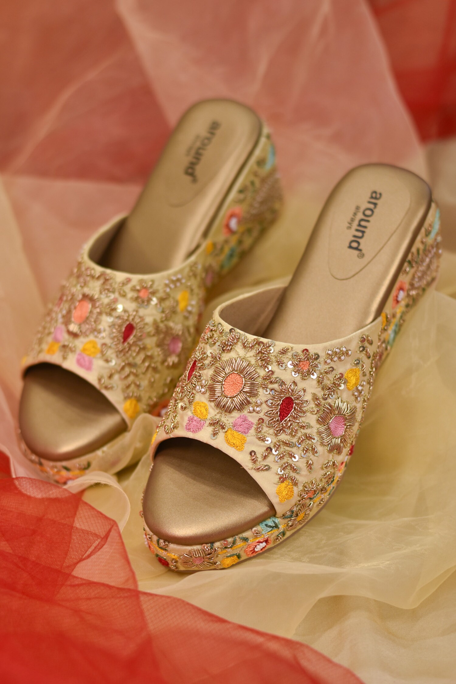 Buy Gold Zardozi And Thread Embroidered Ahva Wedges by Around Always ...