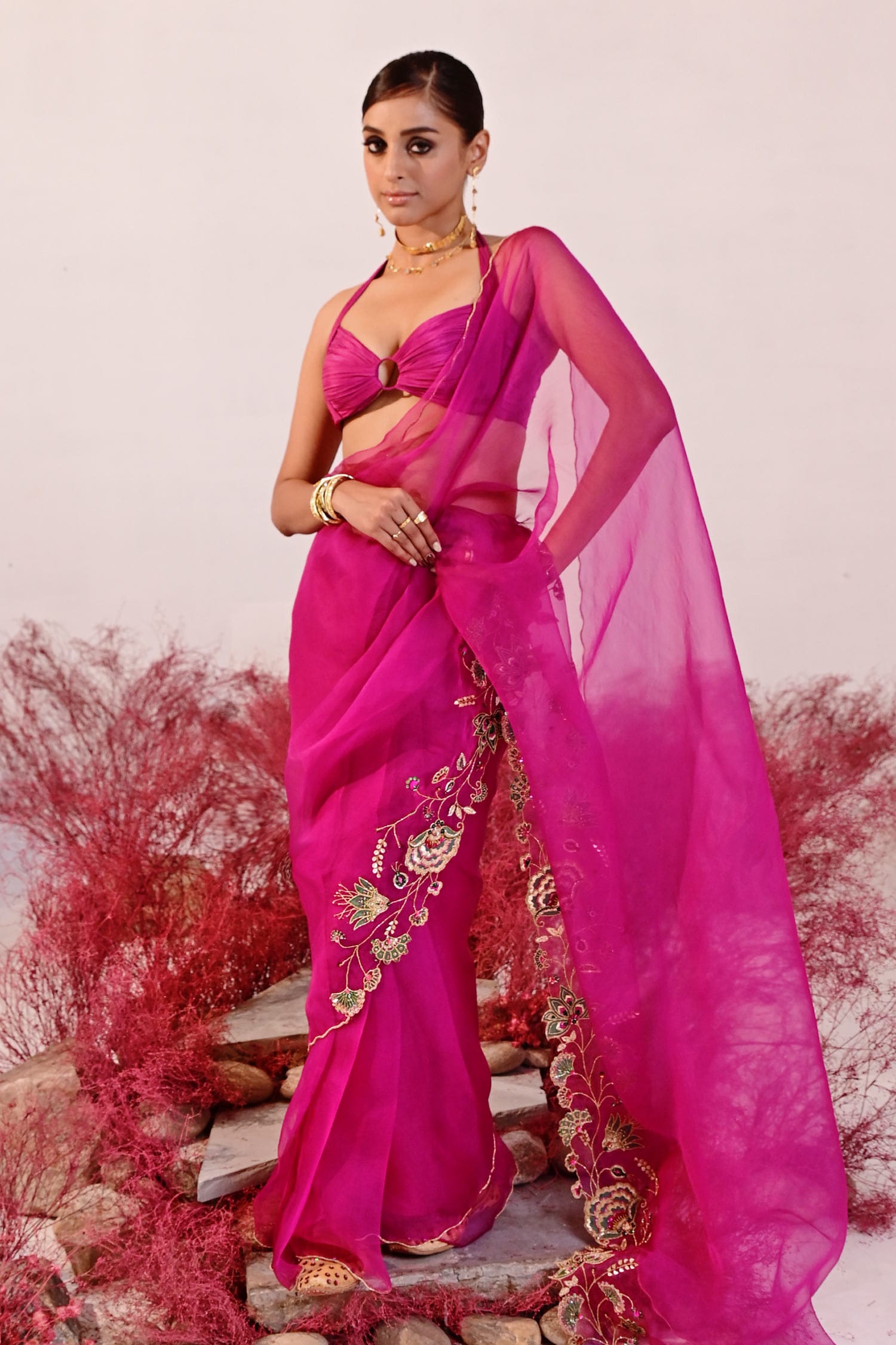 Buy Magenta Crepe Embroidered Floral Halter Dastaan Saree With Blouse ...