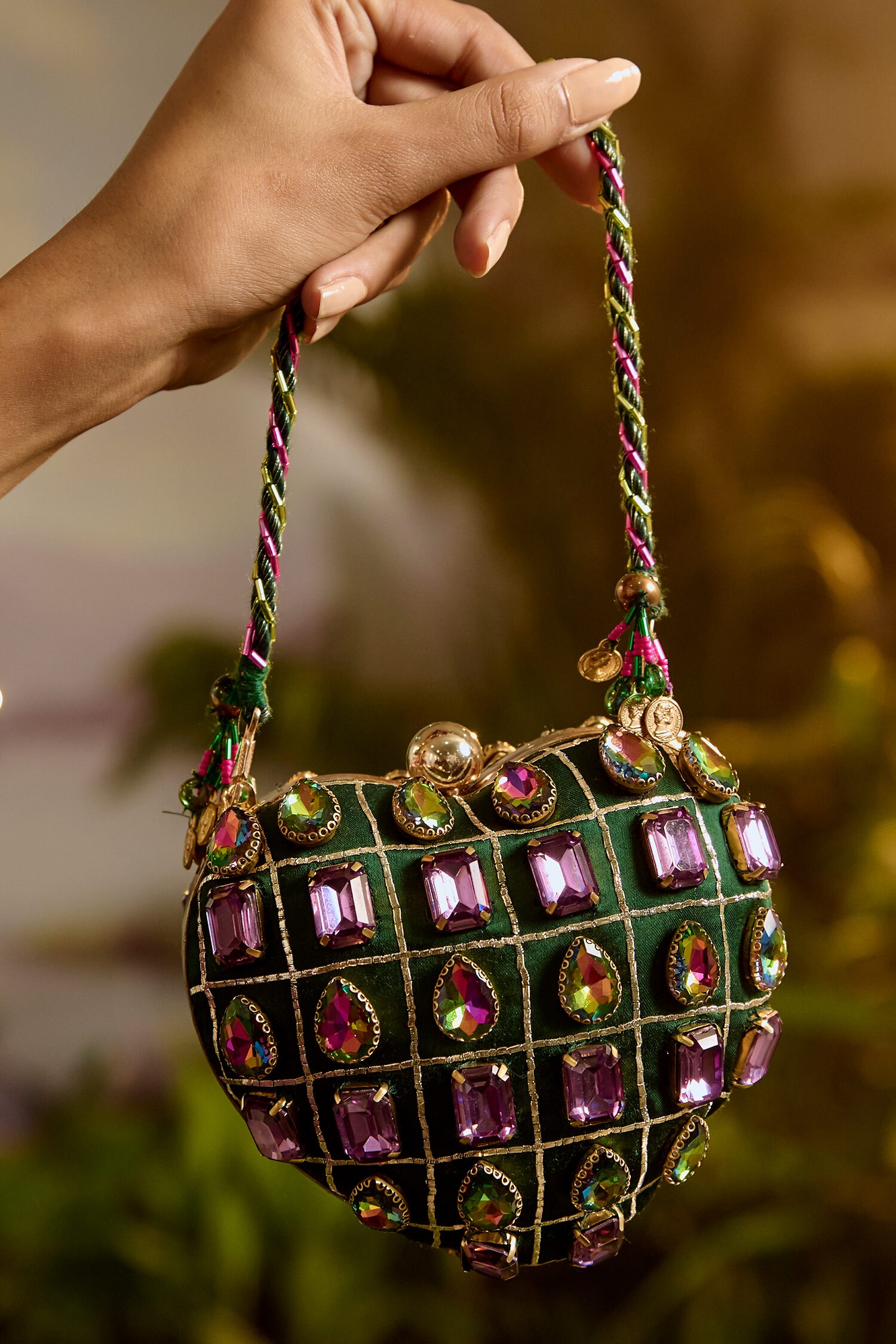 Buy Green Rhinestones Hirday Embroidered Heart Shaped Clutch by Baise ...