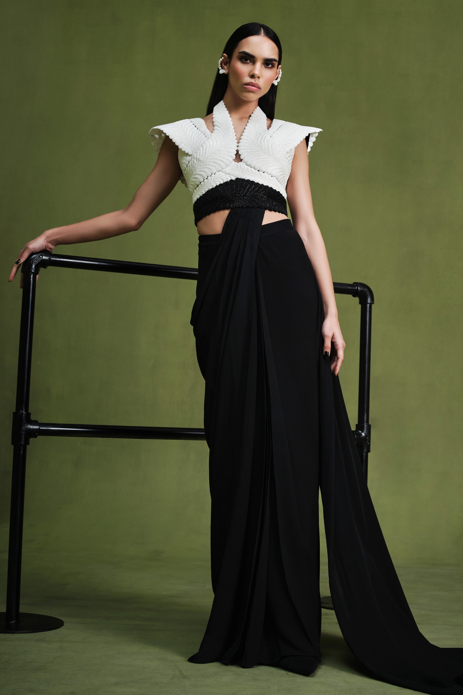 Buy Ivory Harness Top: Wing Sleeves Encrusted With Plain Pre-draped For ...