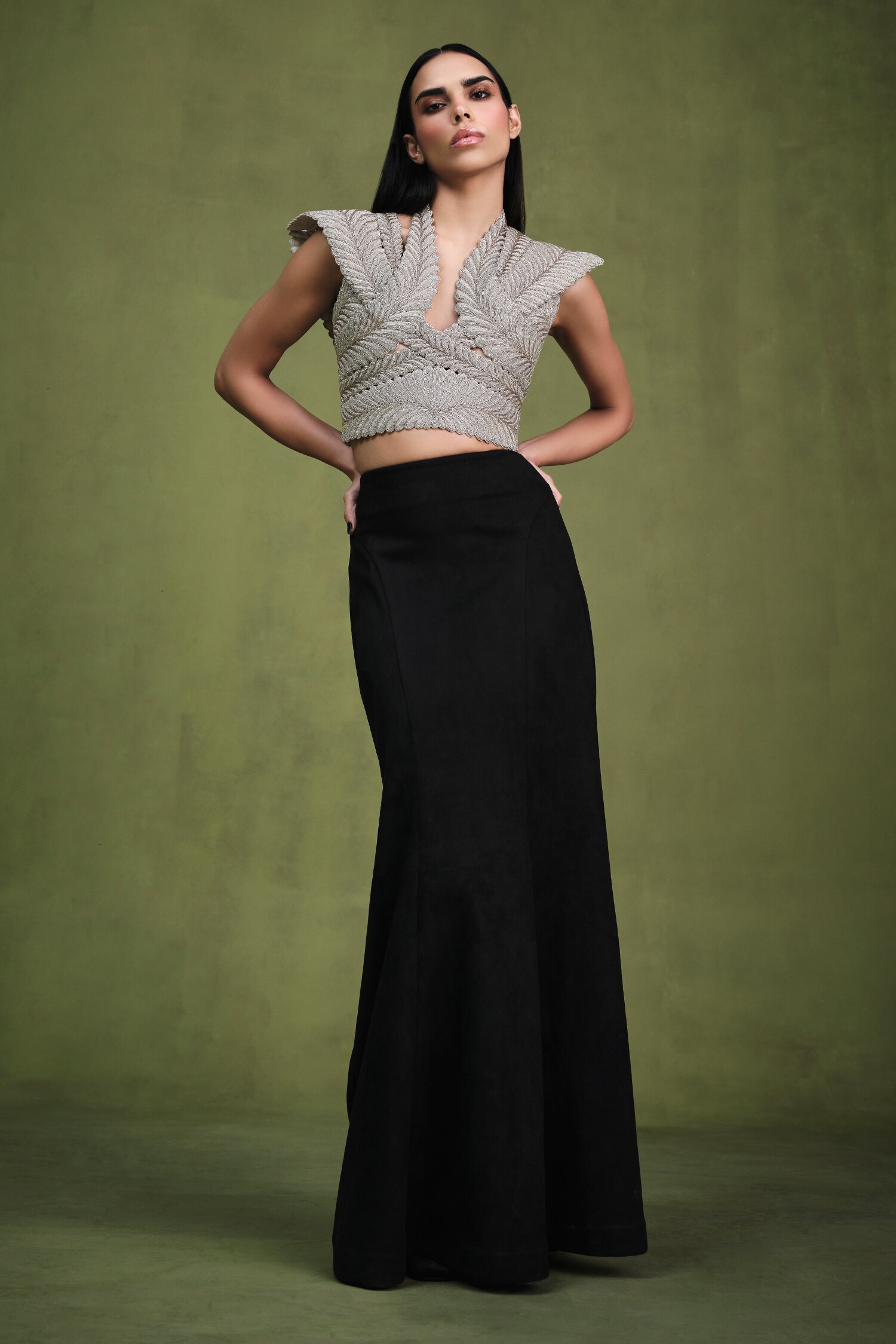 Buy Gold Harness Top: Satin; Skirt: Suede Wing Sleeves Encrusted With ...