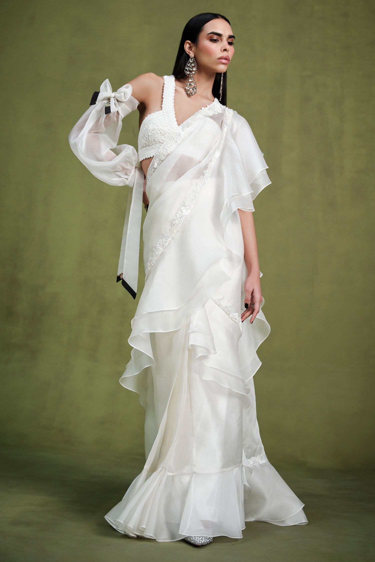 Buy Ivory Bustier: Tulle Pearlesque Border Pre-draped Ruffled With For ...