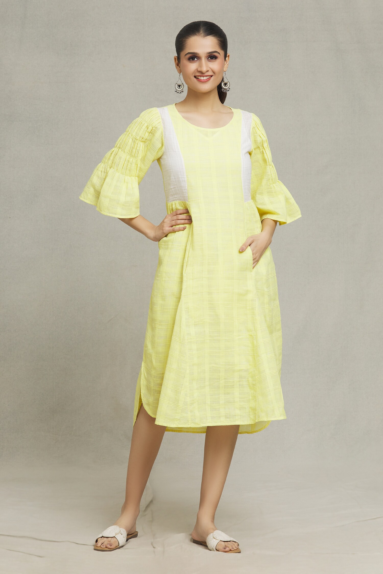 Buy Yellow Cotton Silk Embroidery Stitchline Thread Round Dress For ...