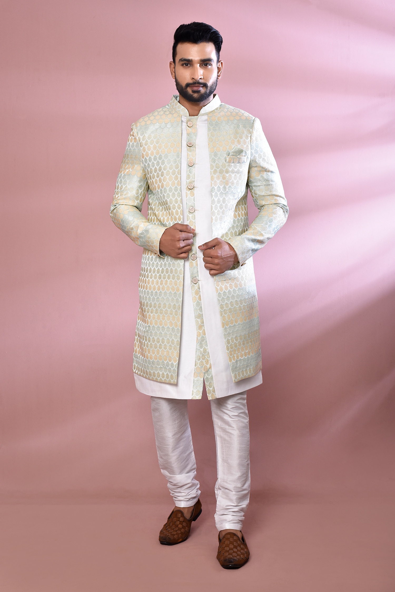 Buy Off White Kurta Jacquard Silk Woven Leaf Pattern Nawabi Jacket Set ...