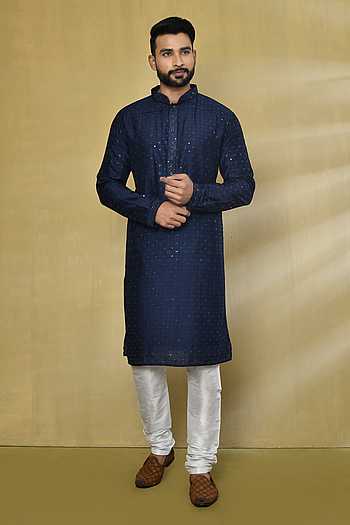 Buy Blue Kurta Viscose Cotton Embroidered Sequin And Churidar Set For ...
