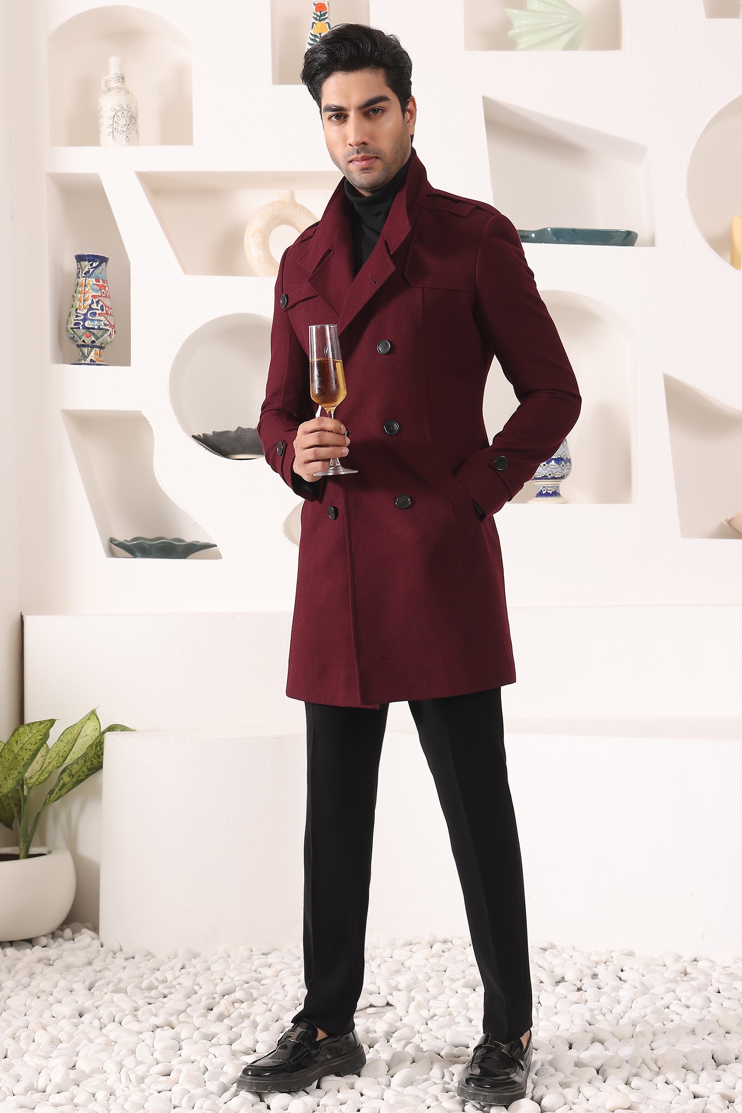 Buy Wine Tweed Plain Double Breasted Overcoat For Men by KUSTOMEYES ...